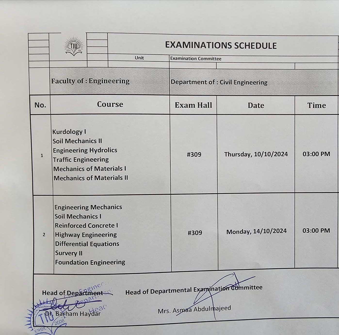 Exam Schedules | Civil Department